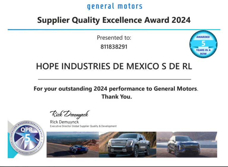 Hope Global Wins General Motors Supplier Quality Excellence Award 2024